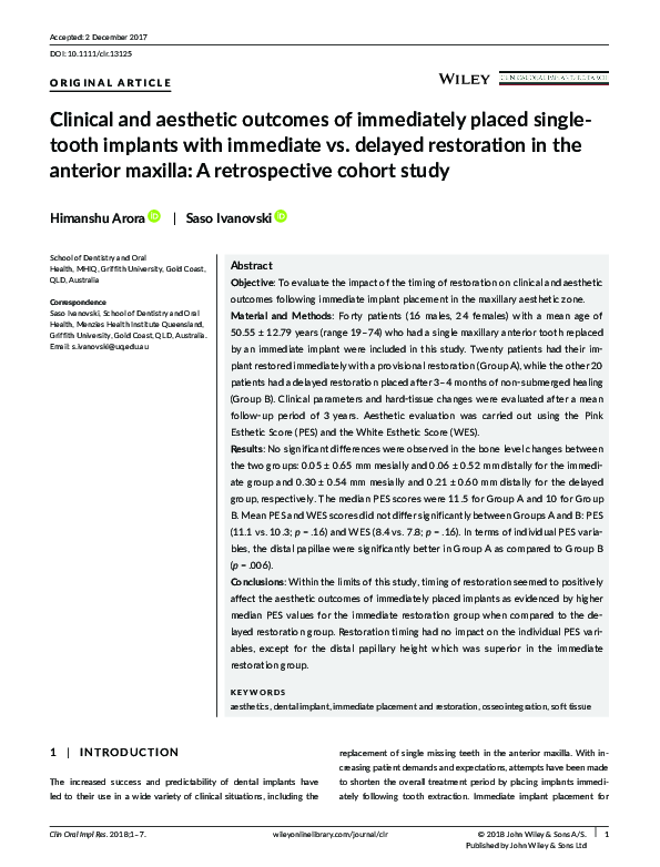 (PDF) Clinical and aesthetic outcomes of immediately placed single ...