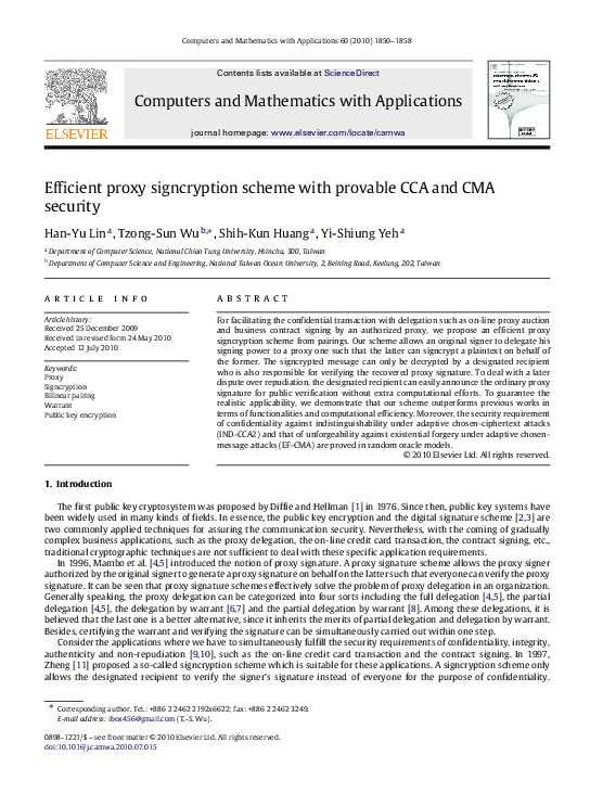 Pdf Efficient Proxy Signcryption Scheme With Provable Cca And Cma Security