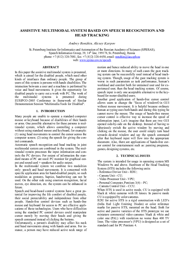 (PDF) Assistive multimodal system based on speech recognition and head tracking