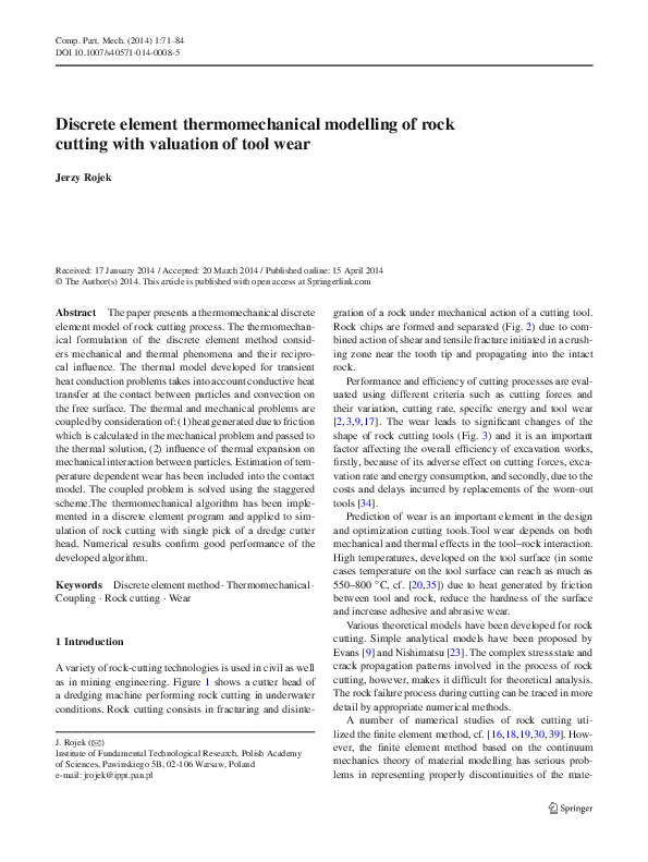 (PDF) Discrete element thermomechanical modelling of rock cutting with ...