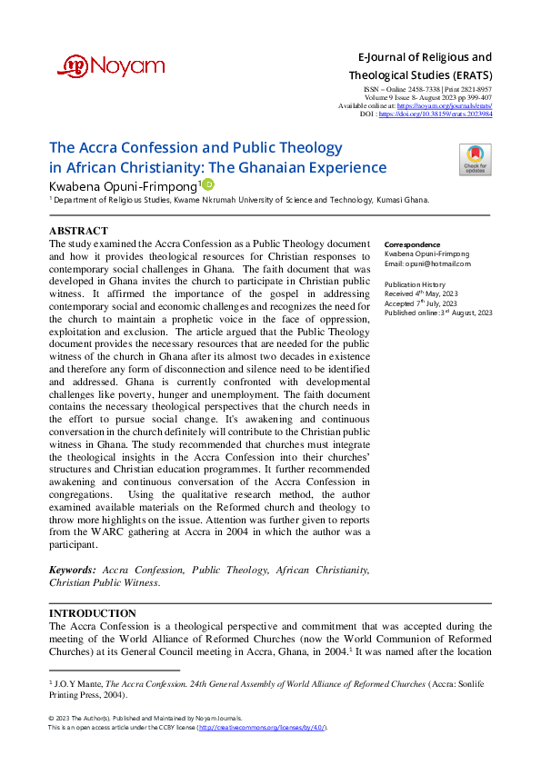 (PDF) The Accra Confession and Public Theology in African Christianity ...