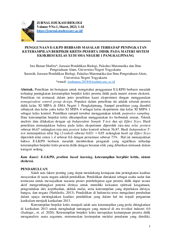 (PDF) Penggunaan E-LKPD Berbasis Masalah Terhadap Peningkatan Keterampilan Berpikir Kritis ...