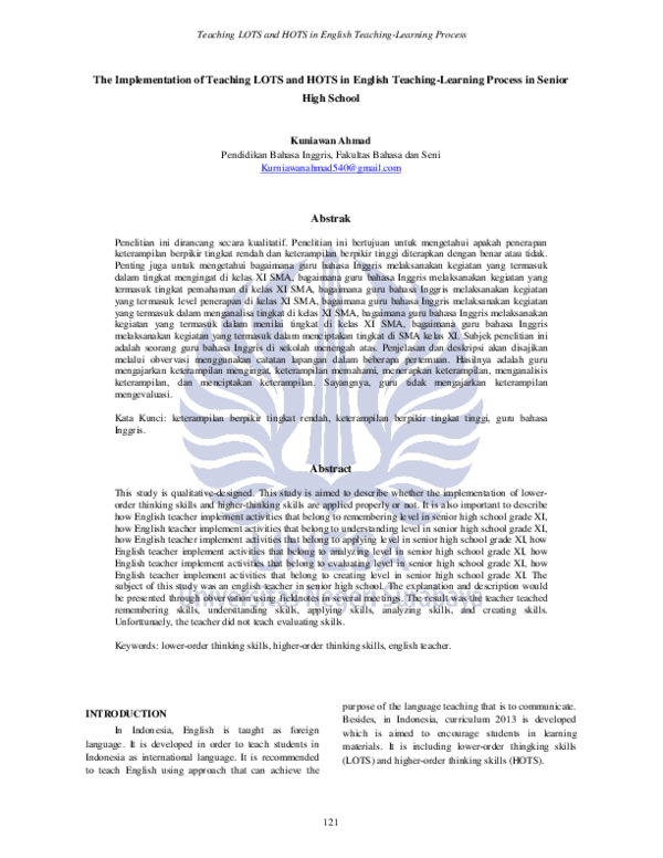 (PDF) The Implementation of Teaching LOTS and HOTS in English Teaching-Learning Process in ...