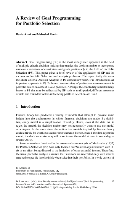 (PDF) A Review of Goal Programming for Portfolio Selection