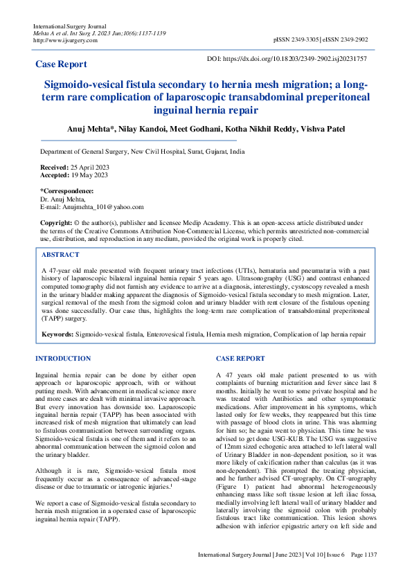 (PDF) Sigmoido-vesical fistula secondary to hernia mesh migration; a long-term rare complication ...