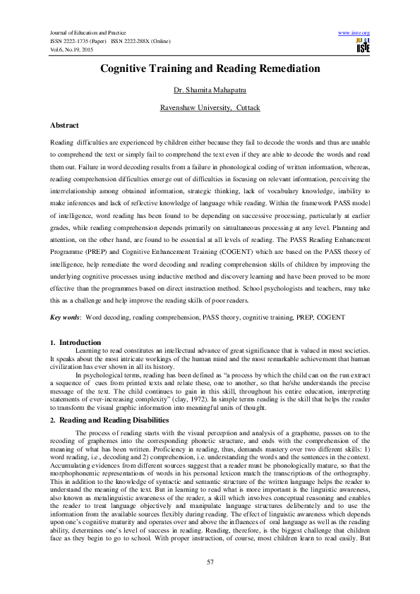(PDF) Cognitive Training and Reading Remediation