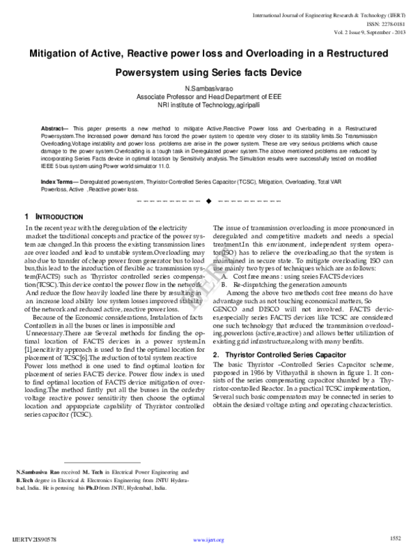 (PDF) Mitigation of Active, Reactive power loss and Overloading in a Restructured Powersystem ...