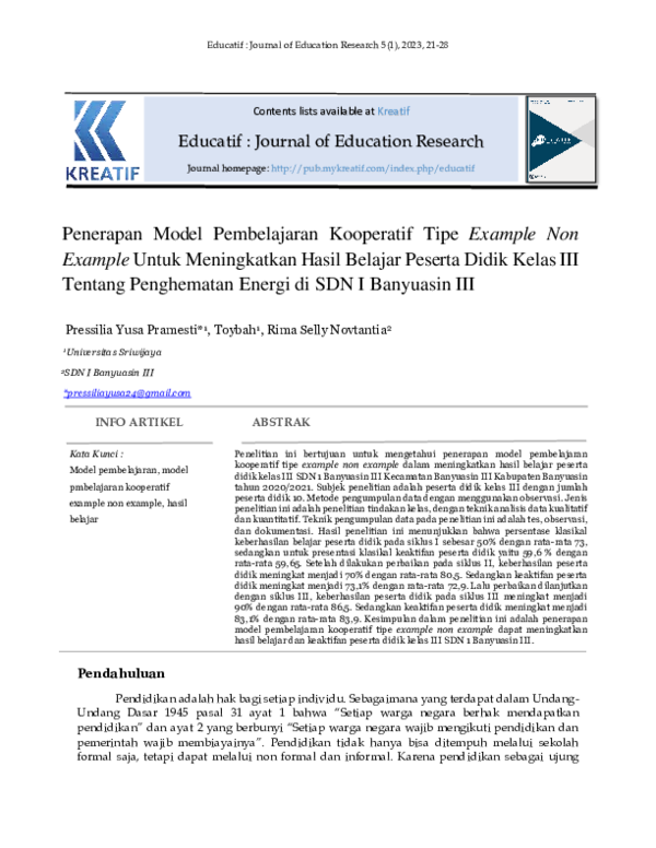 (PDF) Penerapan Model Pembelajaran Kooperatif Tipe Example Non Example Untuk Meningkatkan Hasil ...