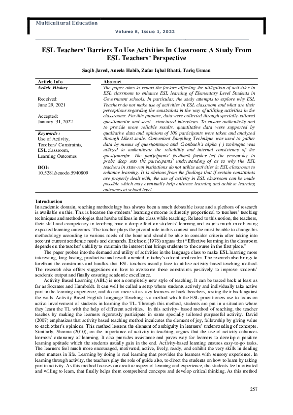 (PDF) ESL Teachers' Barriers To Use Activities In Classroom: A Study ...