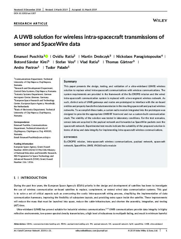 (PDF) A UWB solution for wireless intra-spacecraft transmissions of sensor and SpaceWire data