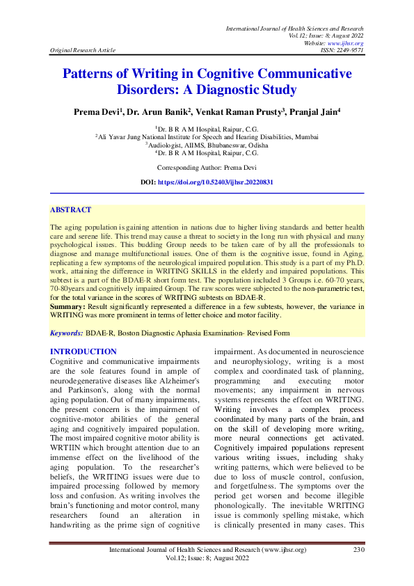 (PDF) Patterns of Writing in Cognitive Communicative Disorders: A ...