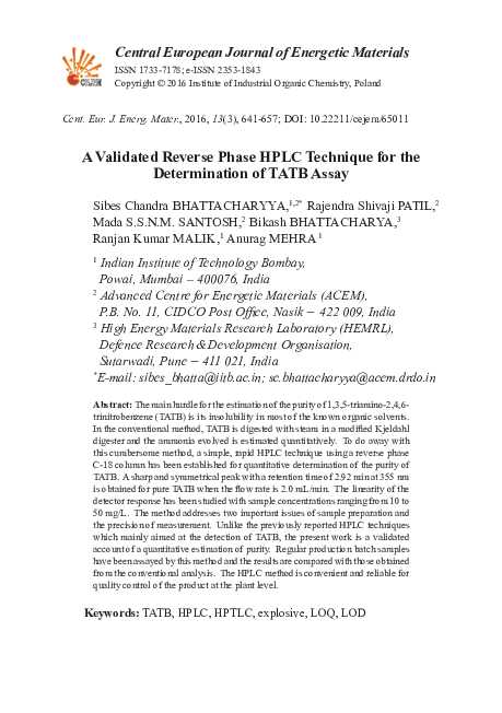 Pdf A Validated Reverse Phase Hplc Technique For The Determination Of Tatb Assay