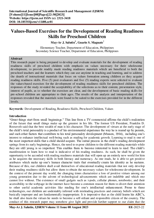 (PDF) Values-Based Exercises for the Development of Reading Readiness Skills for Preschool Children