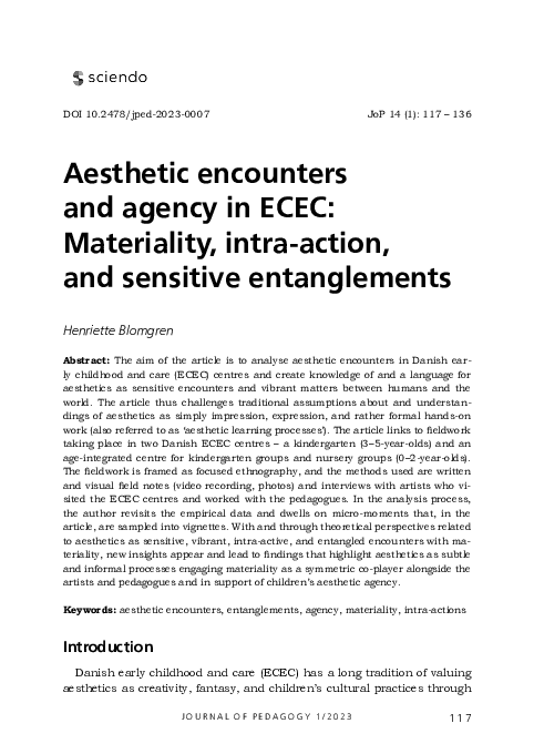 (PDF) Aesthetic encounters and agency in ECEC: Materiality, intra ...