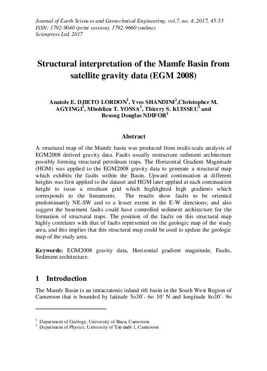 Pdf Structural Interpretation Of The Mamfe Basin From Satellite Gravity Data Egm 2008