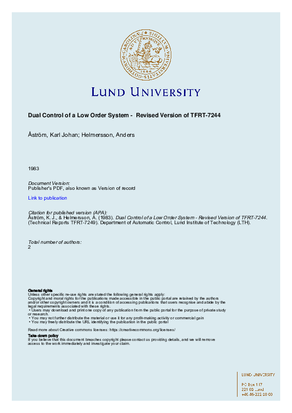 (PDF) Dual Control of a Low Order System : Revised version of TFRT-7244 ...