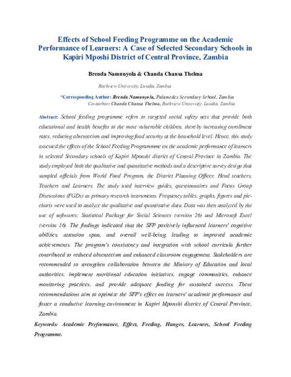 (DOC) Effects of School Feeding Programme on the Academic Performance ...