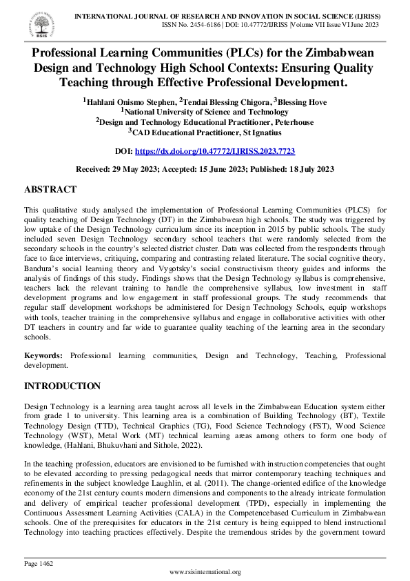 (PDF) Professional Learning Communities (PLCs) for the Zimbabwean Design and Technology High ...
