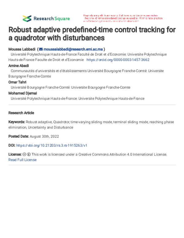 (PDF) Robust adaptive predefined-time control tracking for a quadrotor with disturbances