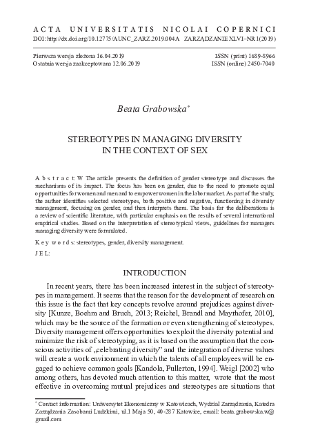 (PDF) Stereotypes in Managing Diversity in the Context of Sex