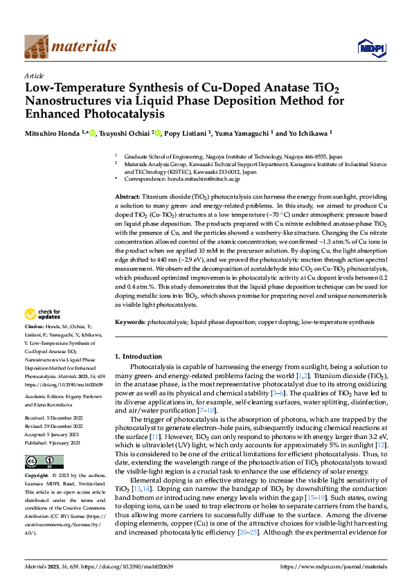 Pdf Low Temperature Synthesis Of Cu Doped Anatase Tio2 Nanostructures Via Liquid Phase