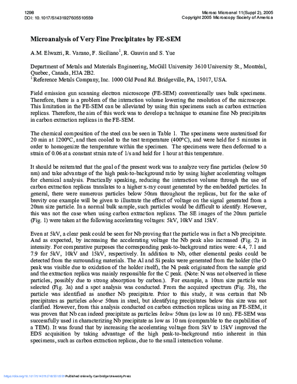 (PDF) Microanalysis of Very Fine Precipitates by FE-SEM