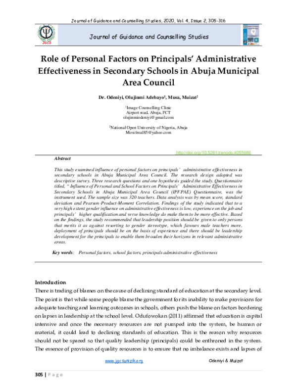 (PDF) Role of Personal Factors on Principals' Administrative Effectiveness in Secondary Schools ...