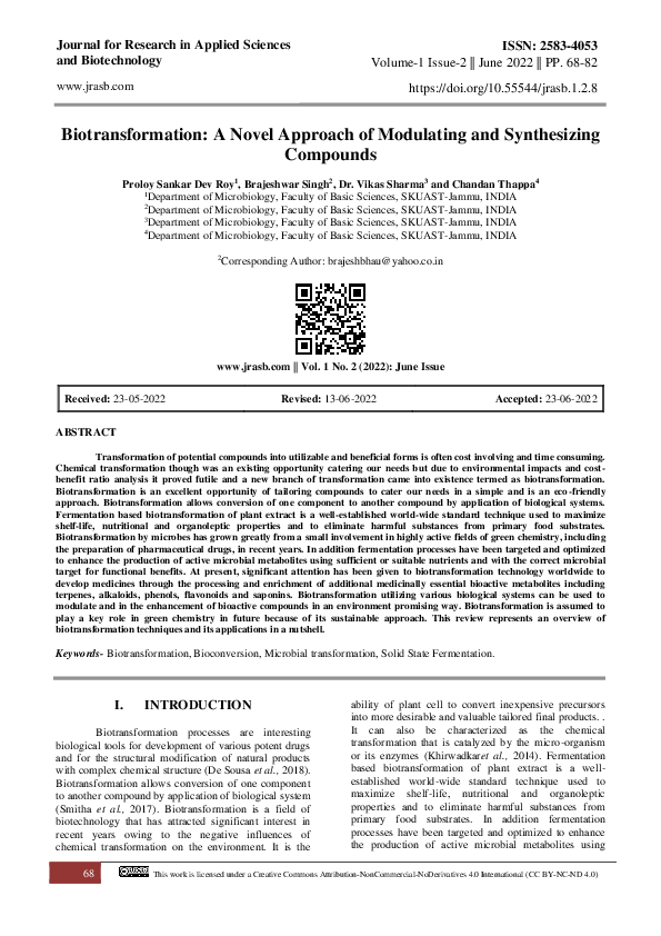 (PDF) Biotransformation: A Novel Approach of Modulating and Synthesizing Compounds