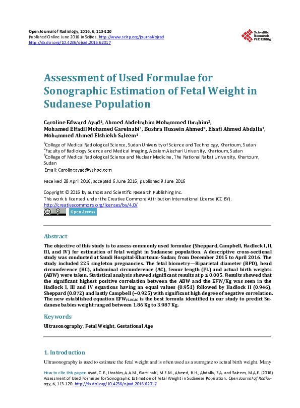 (PDF) Assessment of Used Formulae for Sonographic Estimation of Fetal Weight in Sudanese Population
