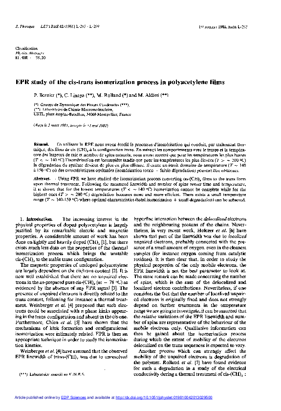 (PDF) EPR study of the cis-trans isomerization process in polyacetylene films