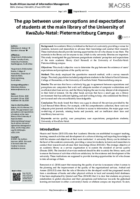 The gap between user perceptions and expectations of students at the main library of the ...