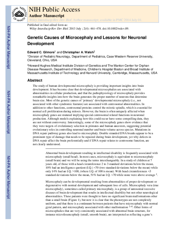 (PDF) Genetic causes of microcephaly and lessons for neuronal development