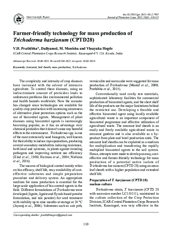 Pdf Farmer Friendly Technology For Mass Production Of Trichoderma Harzianum Cptd28