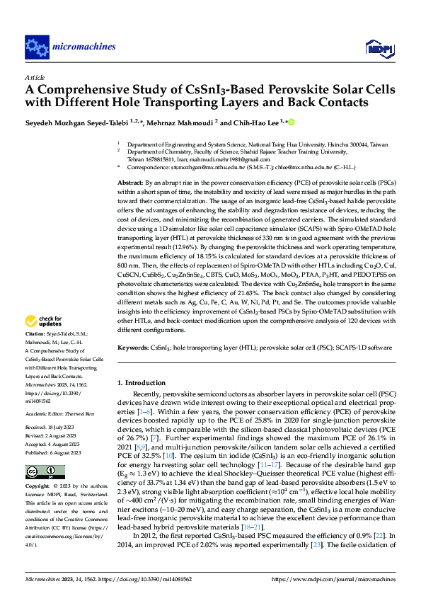 (PDF) A Comprehensive Study of CsSnI3-Based Perovskite Solar Cells with Different Hole ...