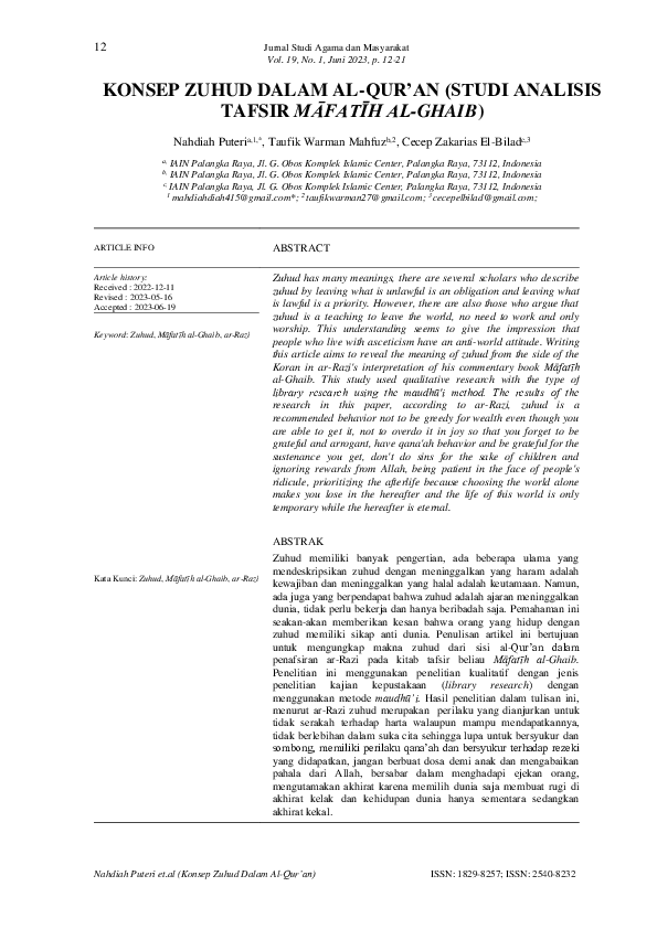 (PDF) Konsep Zuhud Dalam Al-Qur’An (Studi Analisis Tafsir Mafatih Al-Ghaib)