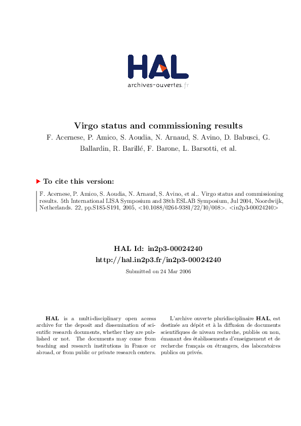 (PDF) Virgo status and commissioning results