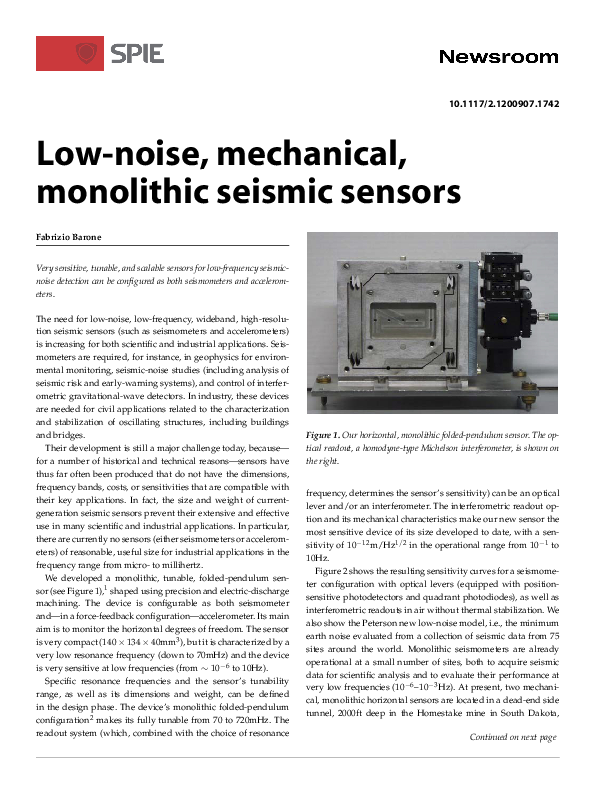(PDF) Low-noise, mechanical, monolithic seismic sensors | Fabrizio BARONE - Academia.edu