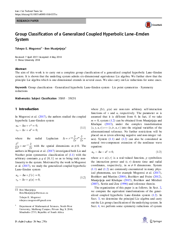 (PDF) Group Classification of a Generalized Coupled Hyperbolic Lane ...