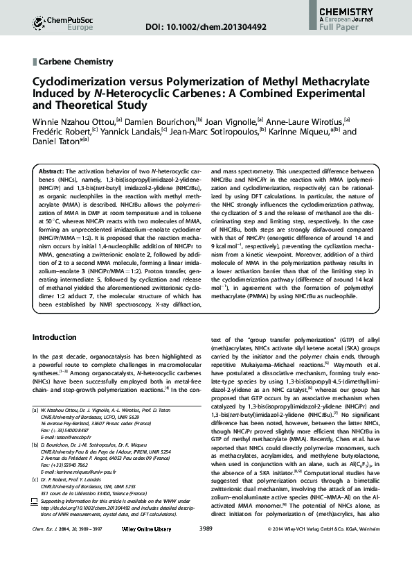 (PDF) Cyclodimerization versus Polymerization of Methyl Methacrylate Induced byN-Heterocyclic ...