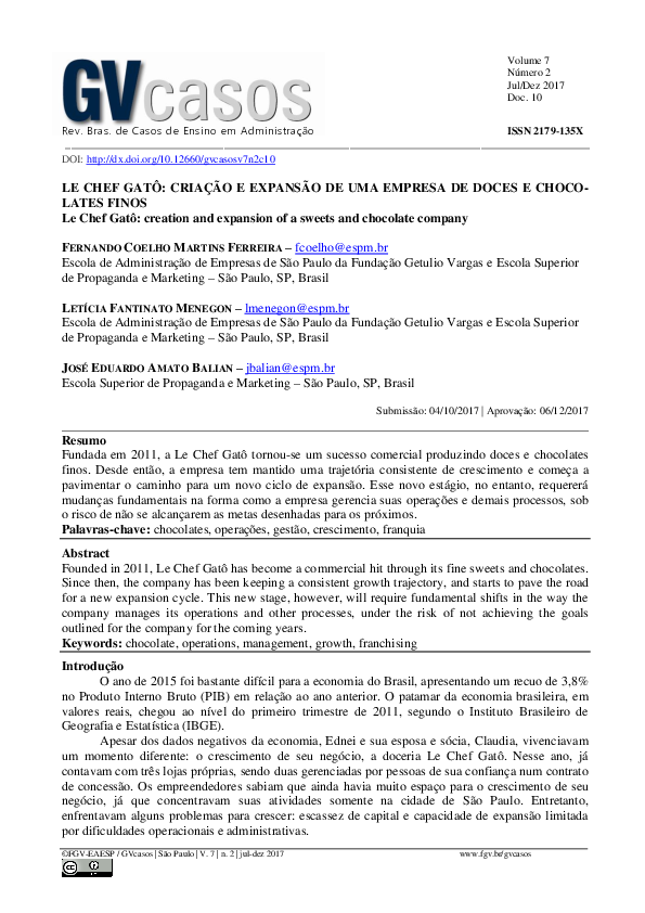 (PDF) Le Chef Gatô: criação e expansão de uma empresa de doces e ...