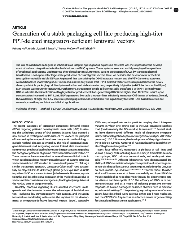 (PDF) Generation of a stable packaging cell line producing high-titer ...