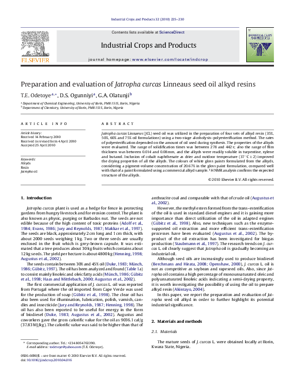 (PDF) Preparation and evaluation of Jatropha curcas Linneaus seed oil alkyd resins