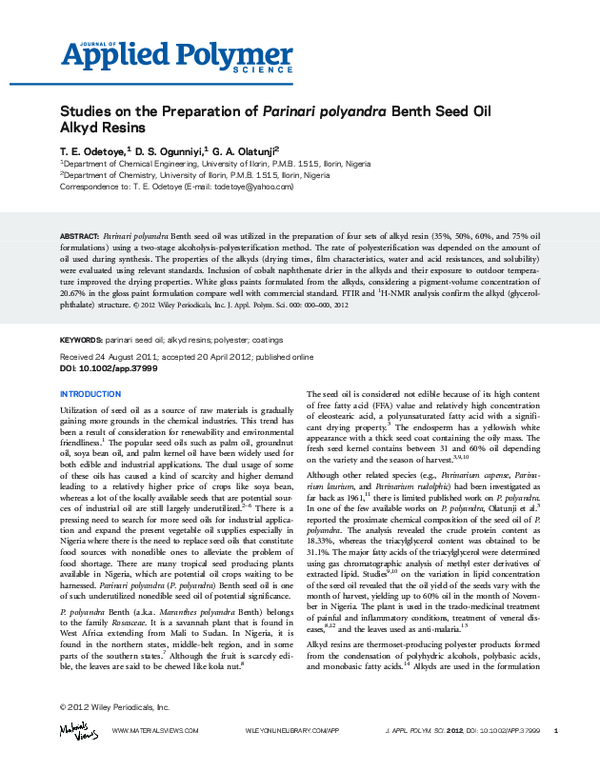 (PDF) Studies on the preparation ofParinari polyandrabenth seed oil ...