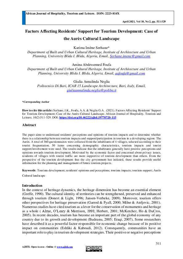(PDF) Factors Affecting Residents' Support for Tourism Development ...
