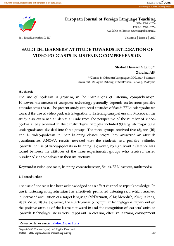 (PDF) Saudi Efl Learners' Attitude Towards Integration of Video-Podcasts in Listening Comprehension