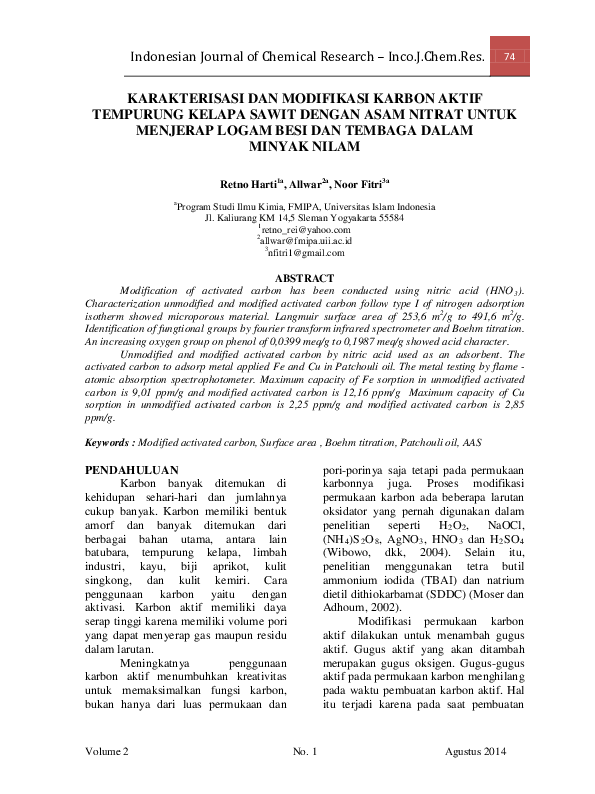 (PDF) Karakterisasi Dan Modifikasi Karbon Aktif Tempurung Kelapa Sawit Dengan Asam Nitrat Untuk ...