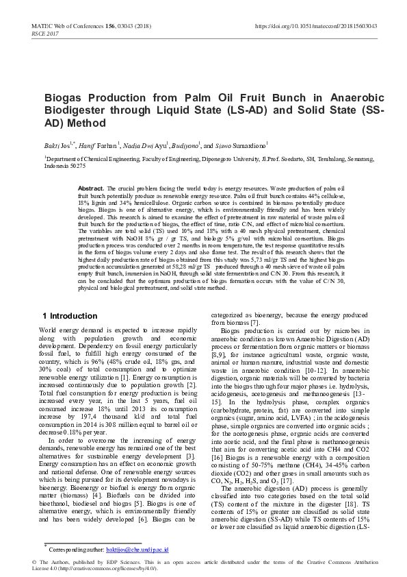 (PDF) Biogas Production from Palm Oil Fruit Bunch in Anaerobic ...