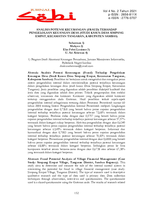 Pdf Analisis Potensi Kecurangan Fraud Terhadap Pengelolaan Keuangan