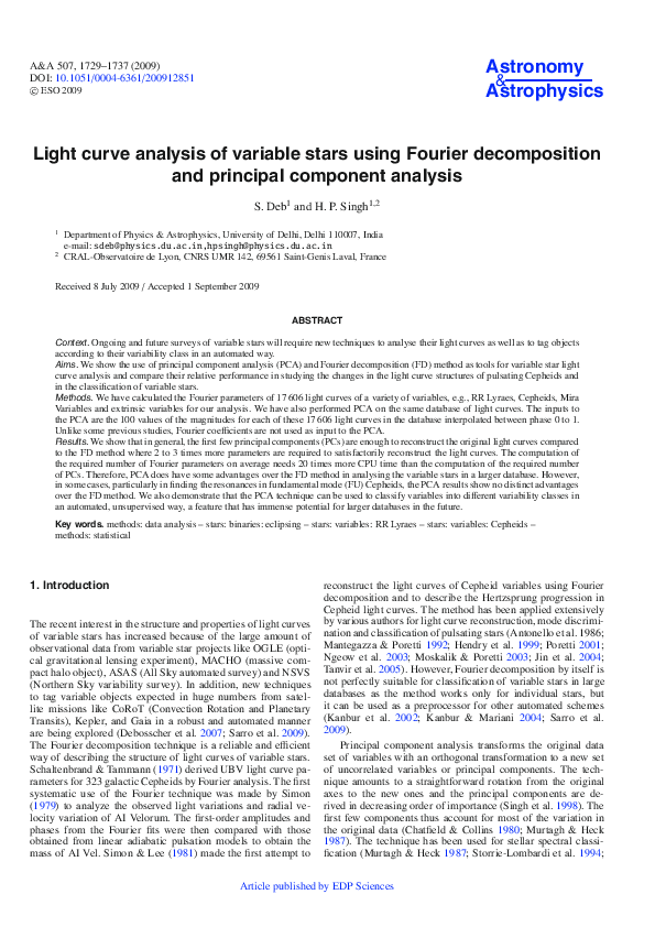 (PDF) Light curve analysis of variable stars using Fourier decomposition and principal component ...
