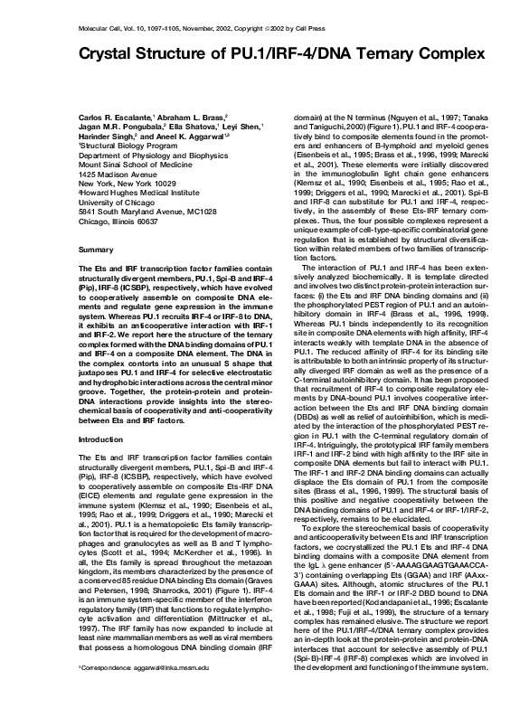 (PDF) Crystal Structure of PU.1/IRF-4/DNA Ternary Complex